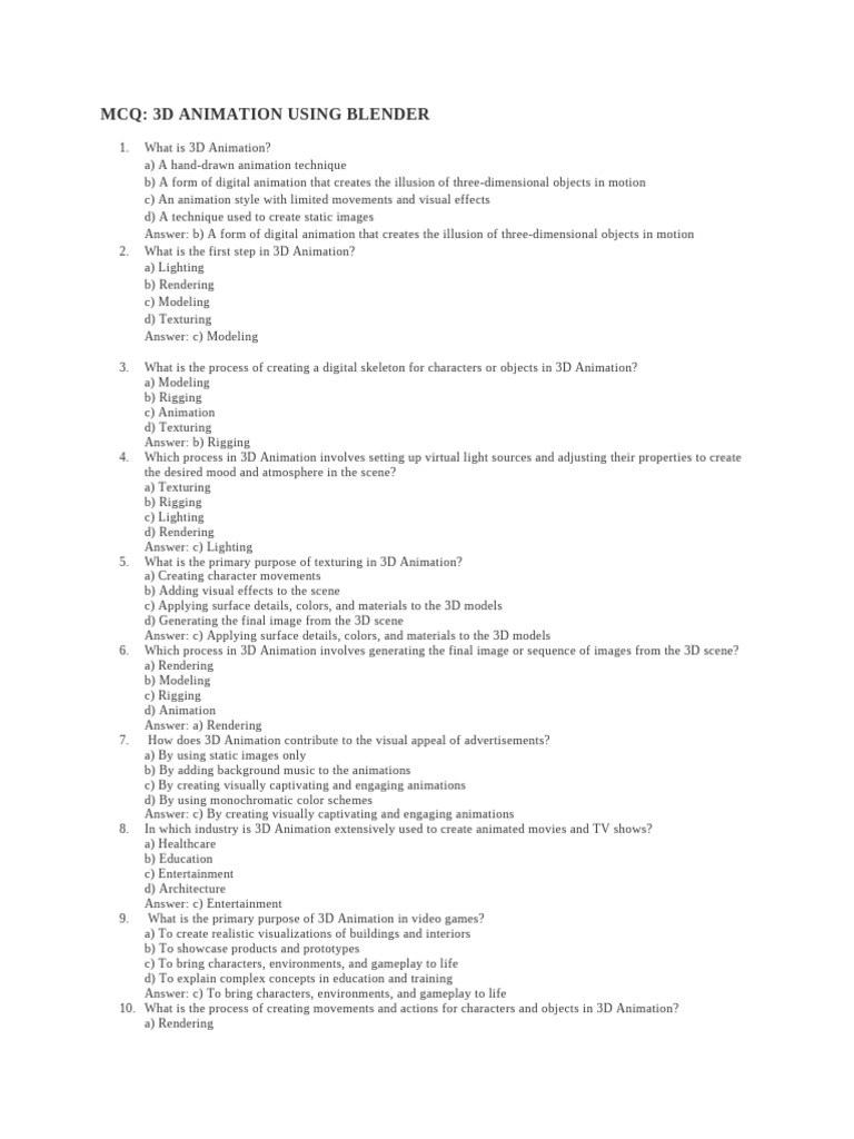 3D Value Added Course MCQ | PDF | 3 D Computer Graphics | Computer Animation