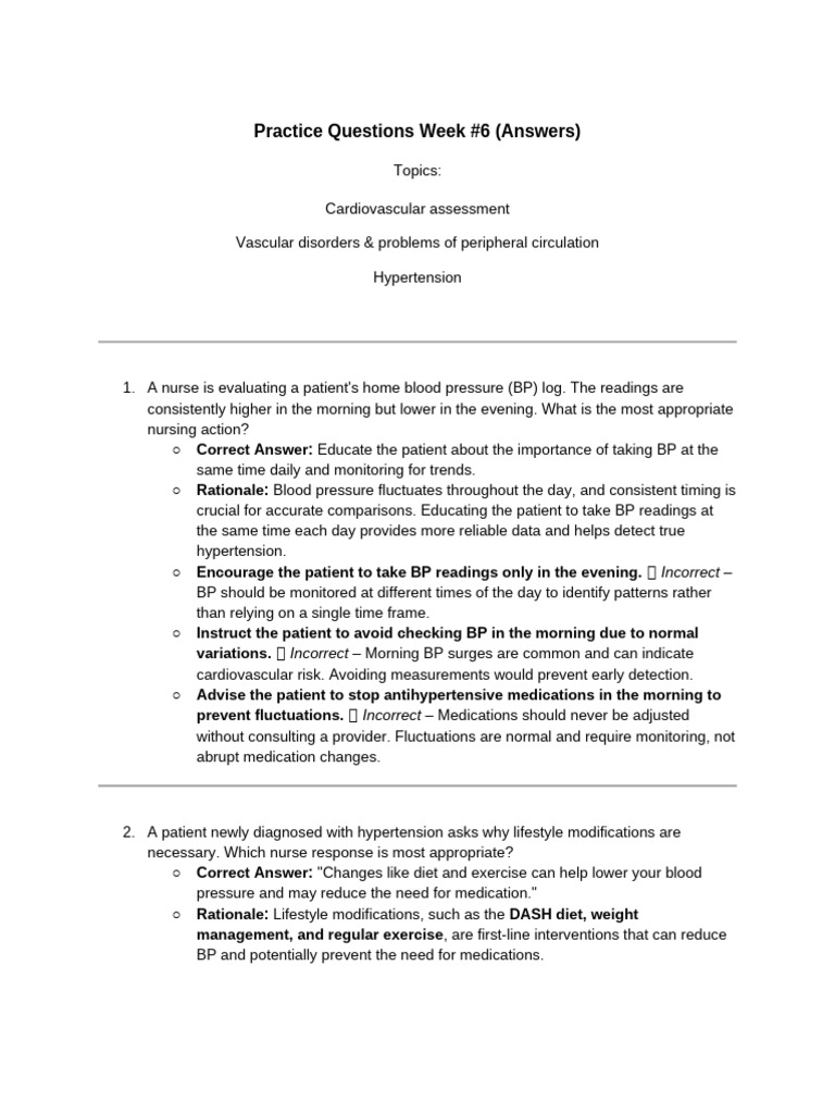 Practice Questions Week #6 (Answers) | PDF | Hypertension | Blood Pressure