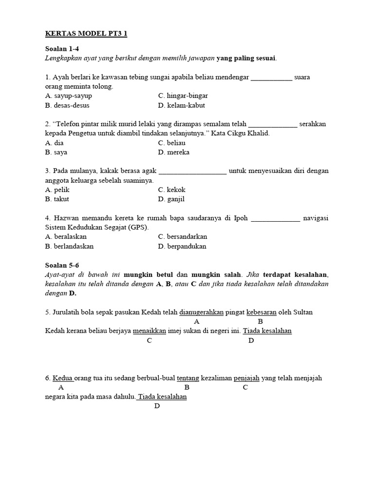 Kertas Model PT3 1 (Soalan 1-10) | PDF