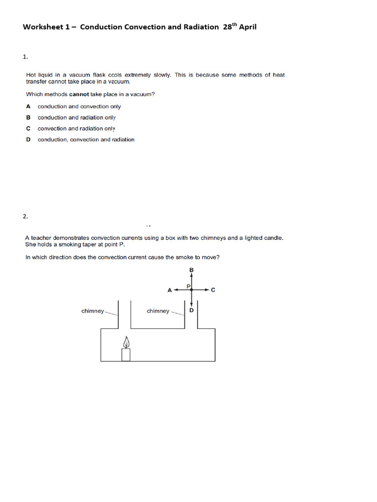 Conduction, Convection, Radiation Worksheet | PDF