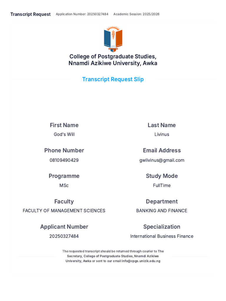 CPGS Application Portal - Transcript Request | PDF