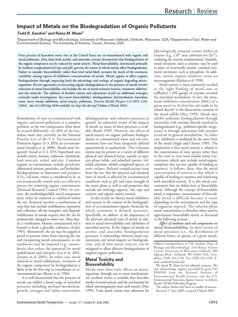 Sandrin Maier Impact of Metals On The Biodegradation of Organic Pollutants | PDF ...