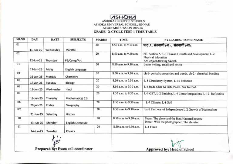 Grade X Ct-I Timetable 25-26 | PDF