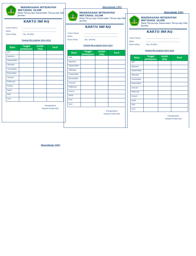 Kartu Infaq Madrasah Miftahul Ulum 2024 | PDF