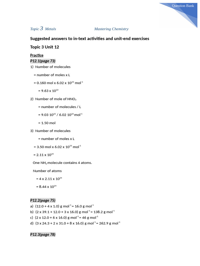 Metals Chemistry Practice Exercises | PDF | Mole (Unit) | Chemistry
