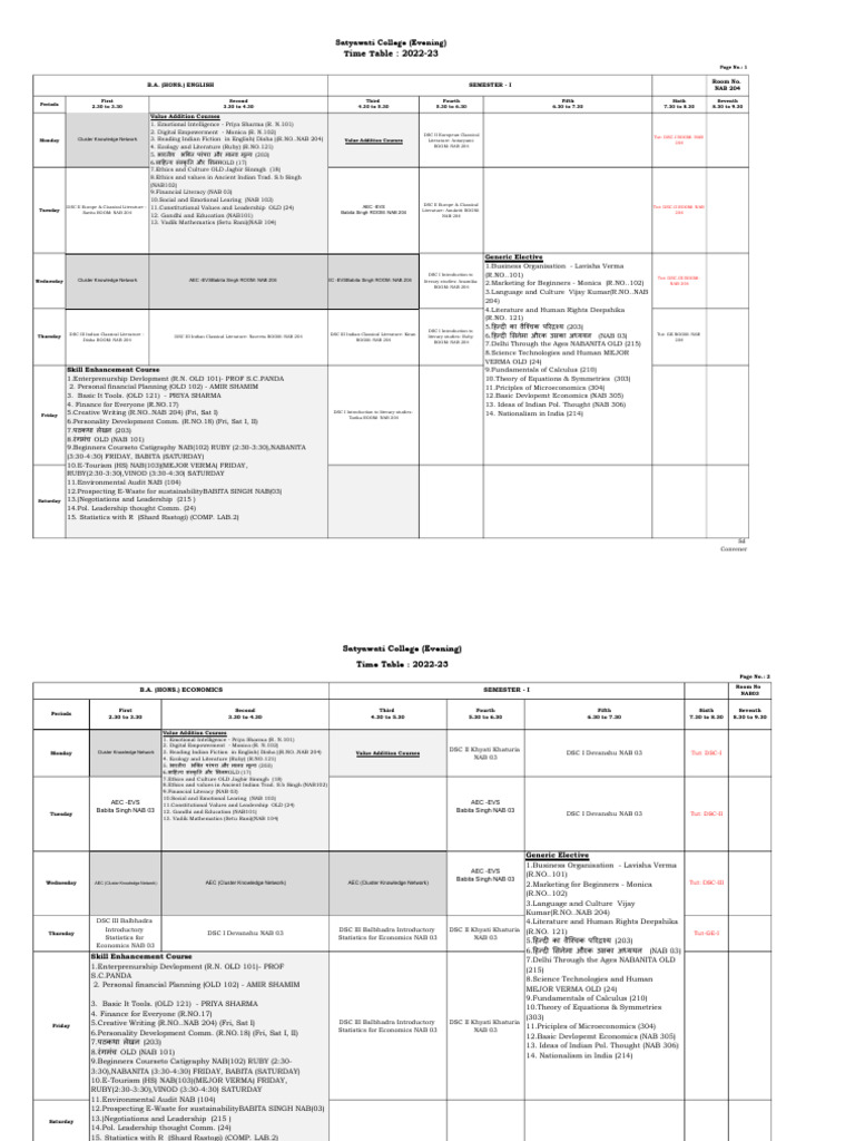 Time Table: 2022-23: Satyawati College (Evening) | PDF | Liberal Arts Education