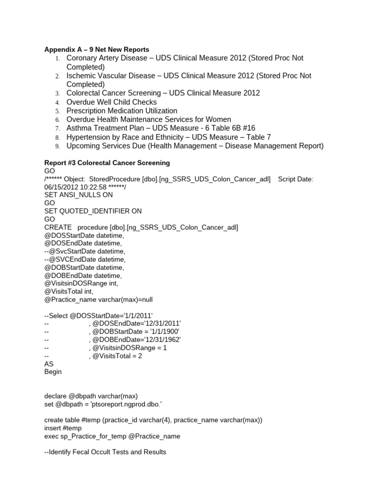 HRSASQLSprocs - 9 Net New and 5 Patient Portal Reports | PDF | Clinical ...