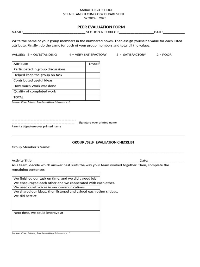 Peer Evaluation Form | PDF