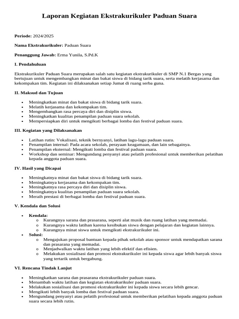 Laporan Kegiatan Ekstrakurikuler Paduan Suara | PDF