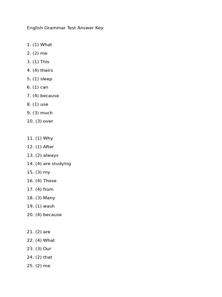 English Grammar Test Answers Key | PDF