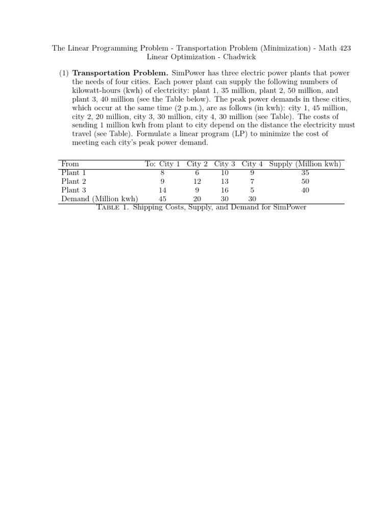 The Linear Programming Problem Transportation Problem Math 423 | PDF