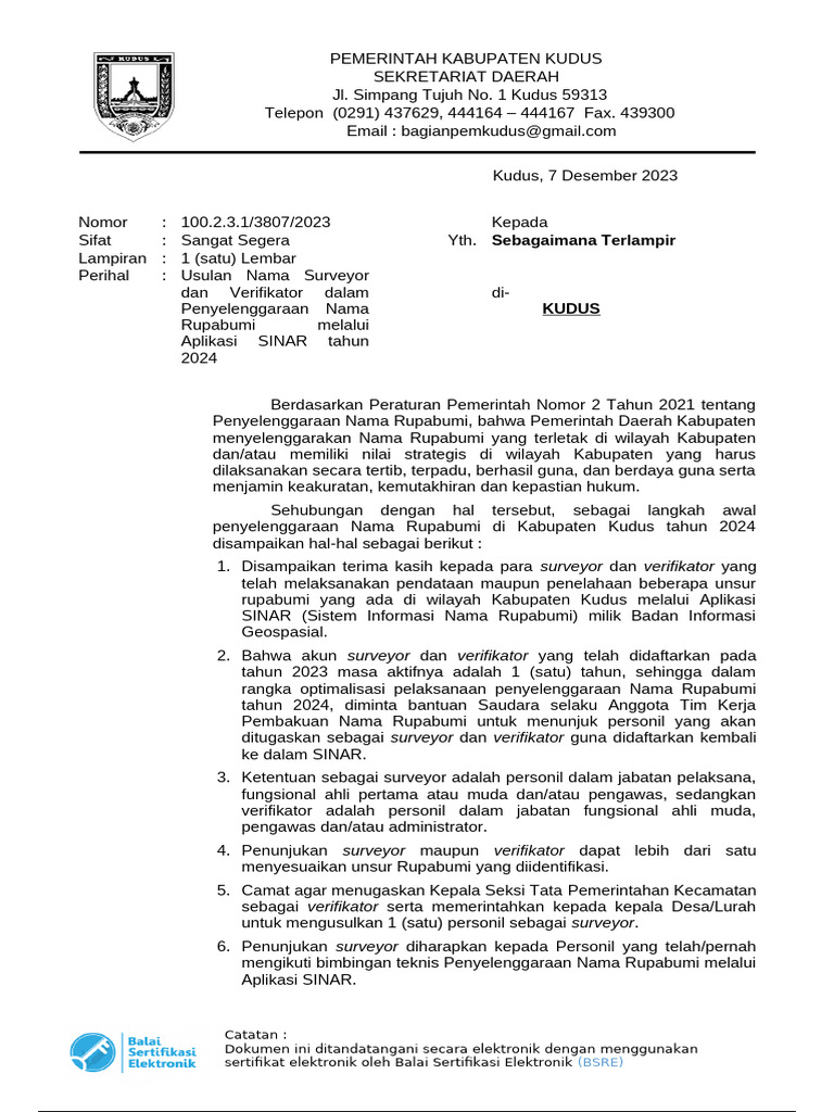 Usulan Surveyor Dan Verifikasi Nama Rupa Bumi Tahun 2024-1 | PDF