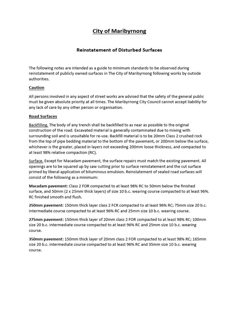 Reinstatement of Disturbed Surfaces | PDF | Road Surface | Concrete
