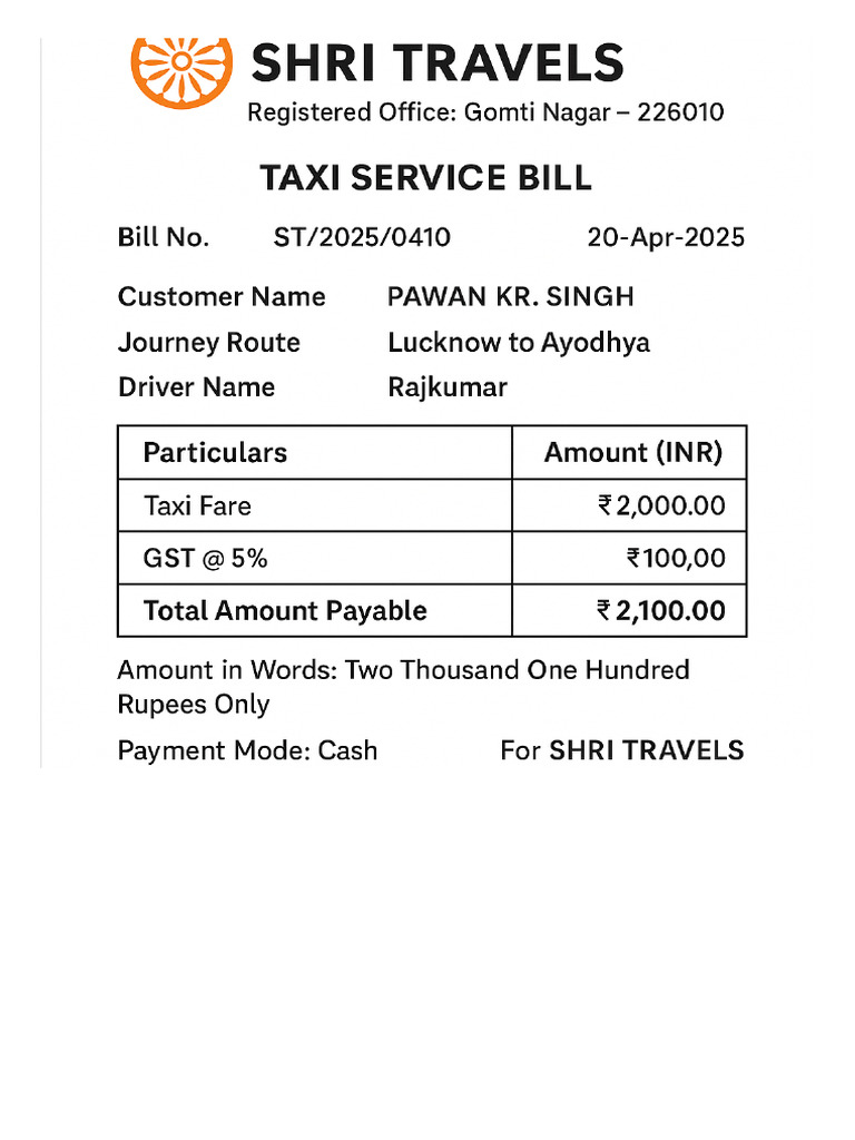 Taxi Bill Shri Travels Updated | PDF