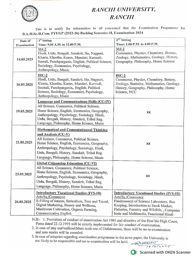 NoticeExamination Programme For B.A. B.sc. B.com. FYUGP (2022-2026) Backlog Semester - II ...