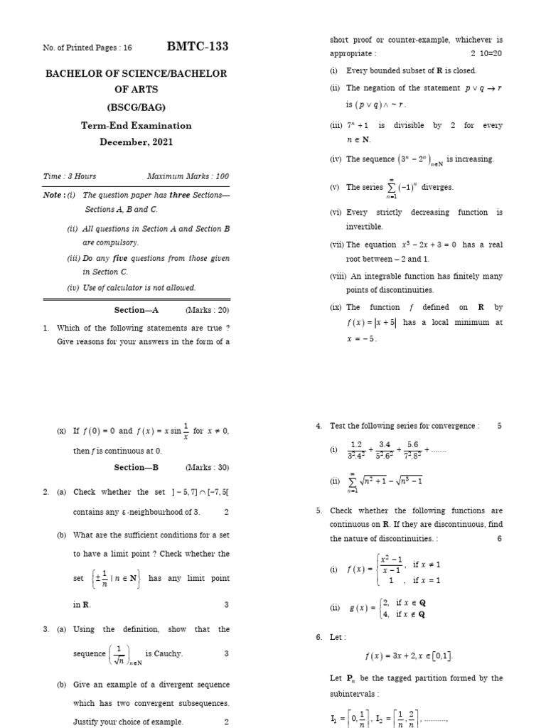 Real Analysis Exam Paper December 2021 | PDF | Limit (Mathematics ...
