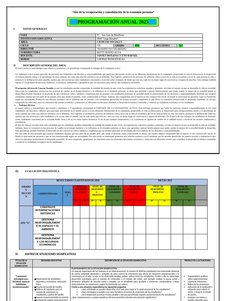 PLAN ANUAL 4to Sec. CCSS 2025 - JB | PDF | Sustentabilidad | Las emociones