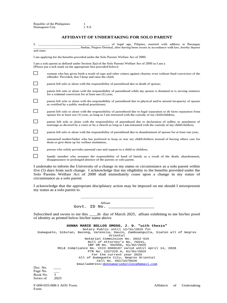 Affidavit of Undertaking Form - SOLO PARENT 2025 TEMP | PDF | Affidavit | Parenting