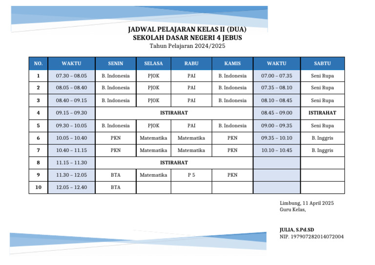 Jadwal Kelas 4 | PDF