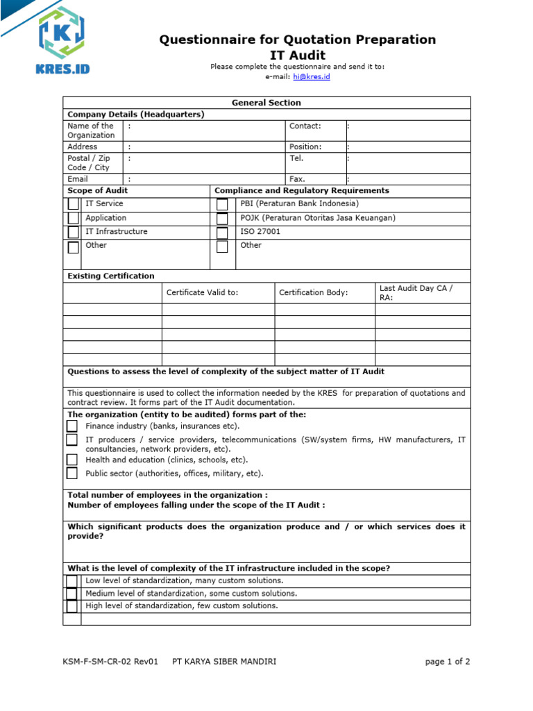 KSM-F-SM-CR-02 Questionnaire for Preparing Quotation IT Audit (1) | PDF | Audit | Business