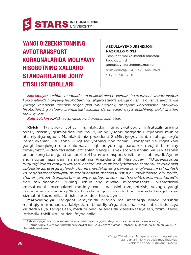 Yangi O Zbekistonning Avtotransport Korxonalarida Moliyaviy Hisobotning Xalqaro Standartlarini ...