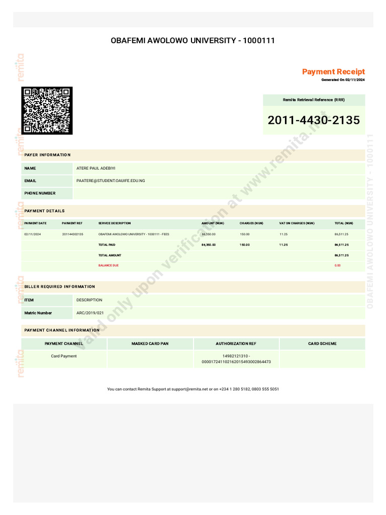 OAU Payment Receipt for Atere Paul | PDF | Payments | Services (Economics)