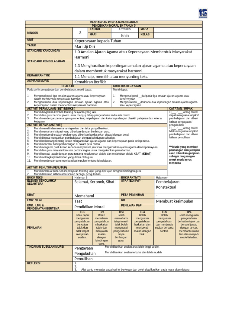Rph Minggu 3 Pendidikan Moral Sk Thn 5 2025 by Cikgu Gorgeous | PDF
