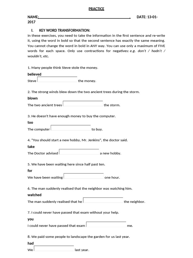 Key Word Transformation Exercises | PDF