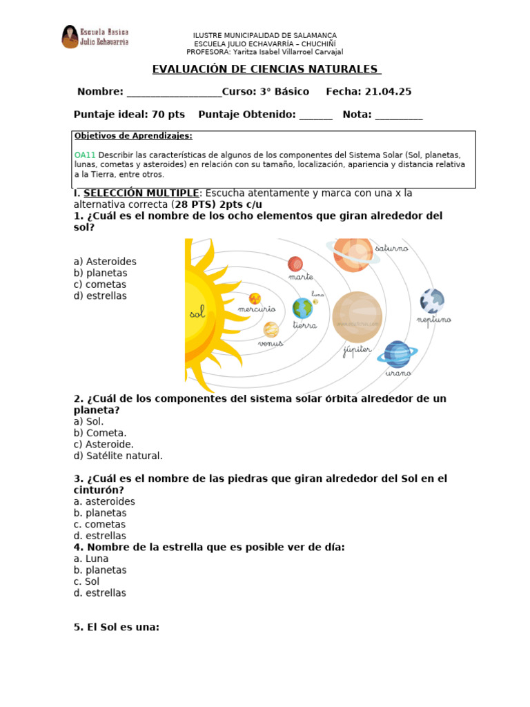 Evaluación de Ciencias Naturales 3° Básico | PDF | Planetas | Sistema solar