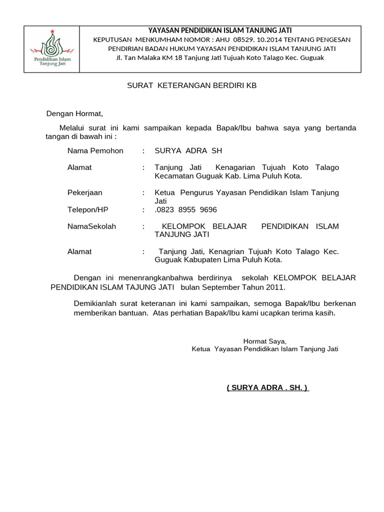 Pendirian Yayasan Pendidikan Islam Tanjung Jati | PDF