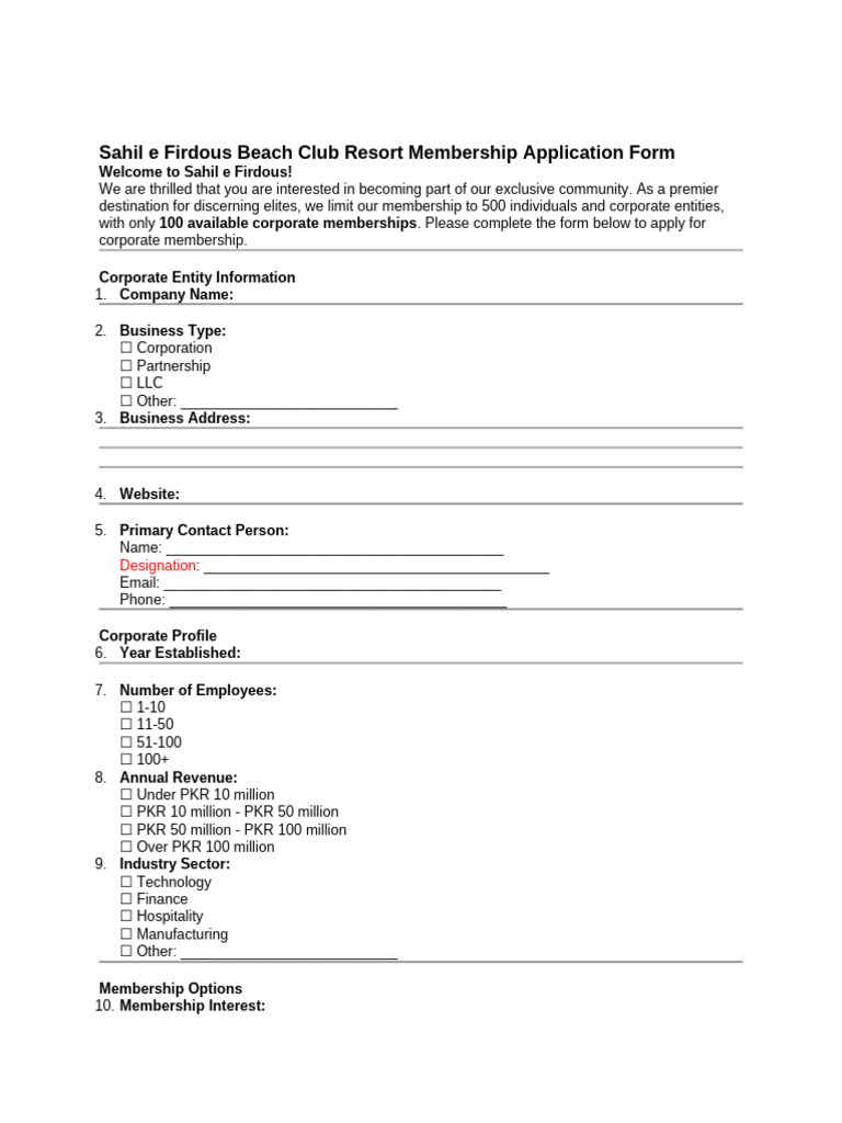 Sahil e Firdous Corporate Membership Form | PDF | Business