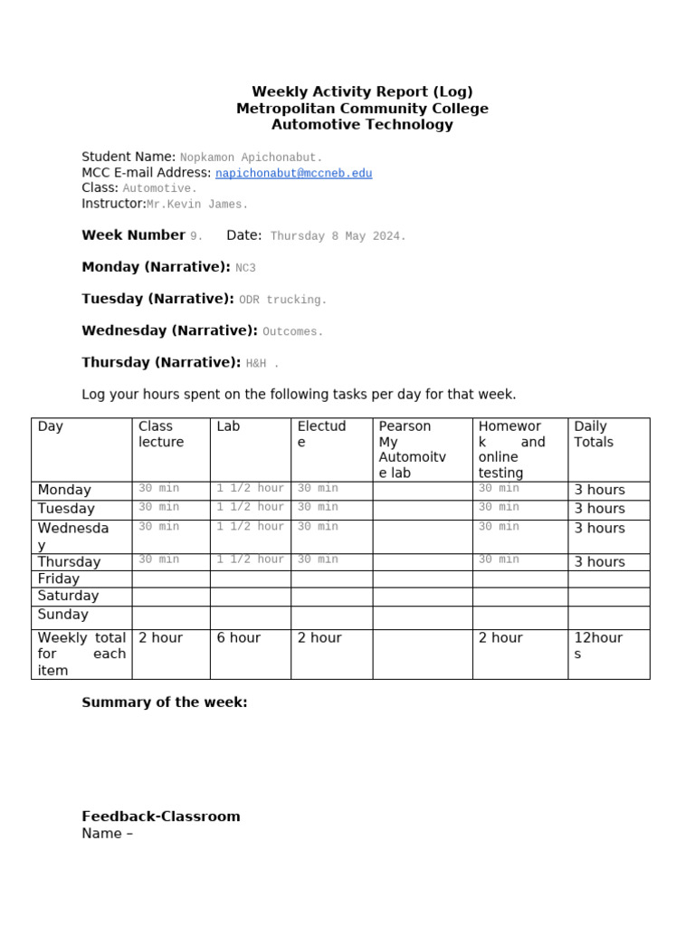 Weekly Activity Report Log Template | PDF