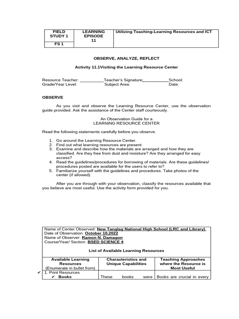 Learning Resource Center Observation Guide | PDF | Massive Open Online ...