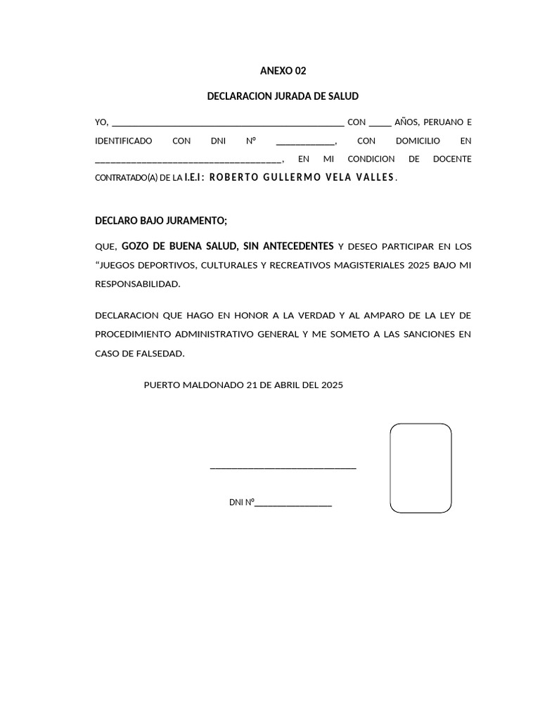 Declaracion Jurada de Salud Anexo 2 | PDF
