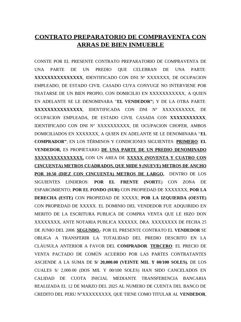 Contrato Preparatorio de Compraventa Con Arras de Bien Inmueble - Modelo | PDF
