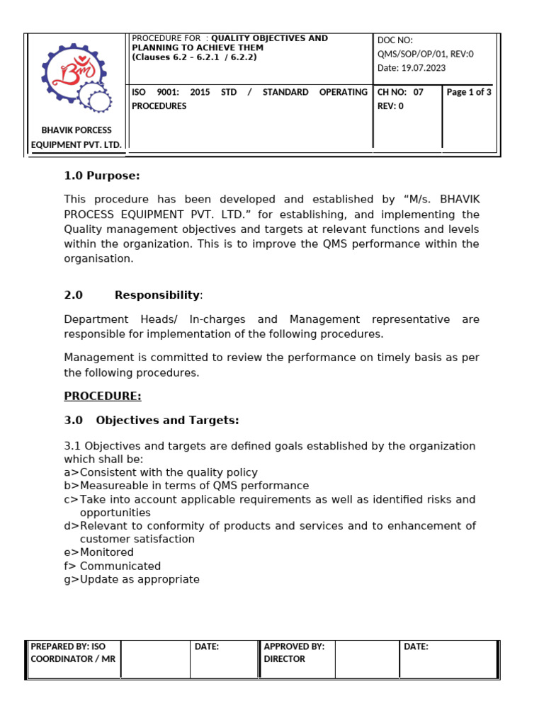 Quality Objectives & Planning Procedure | PDF | Quality Management ...