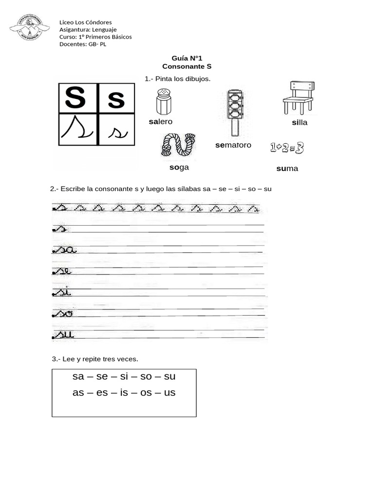 Guías de Lenguaje: Consonante S 1° Básicos | PDF