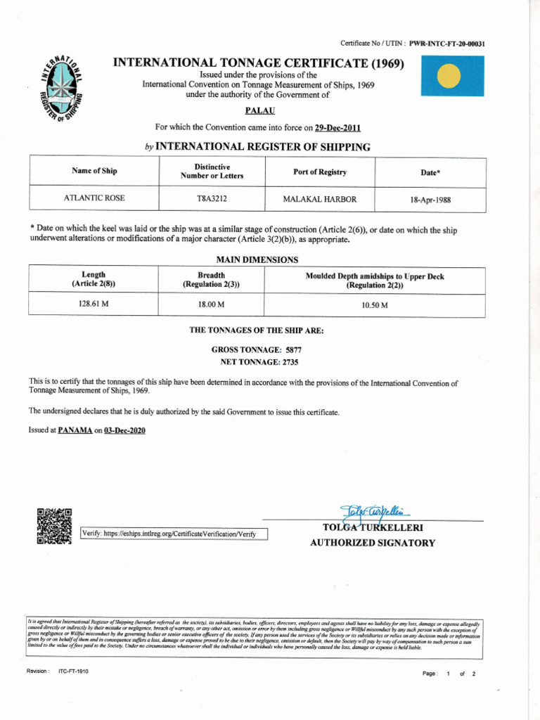 International Tonnage Certificate | PDF