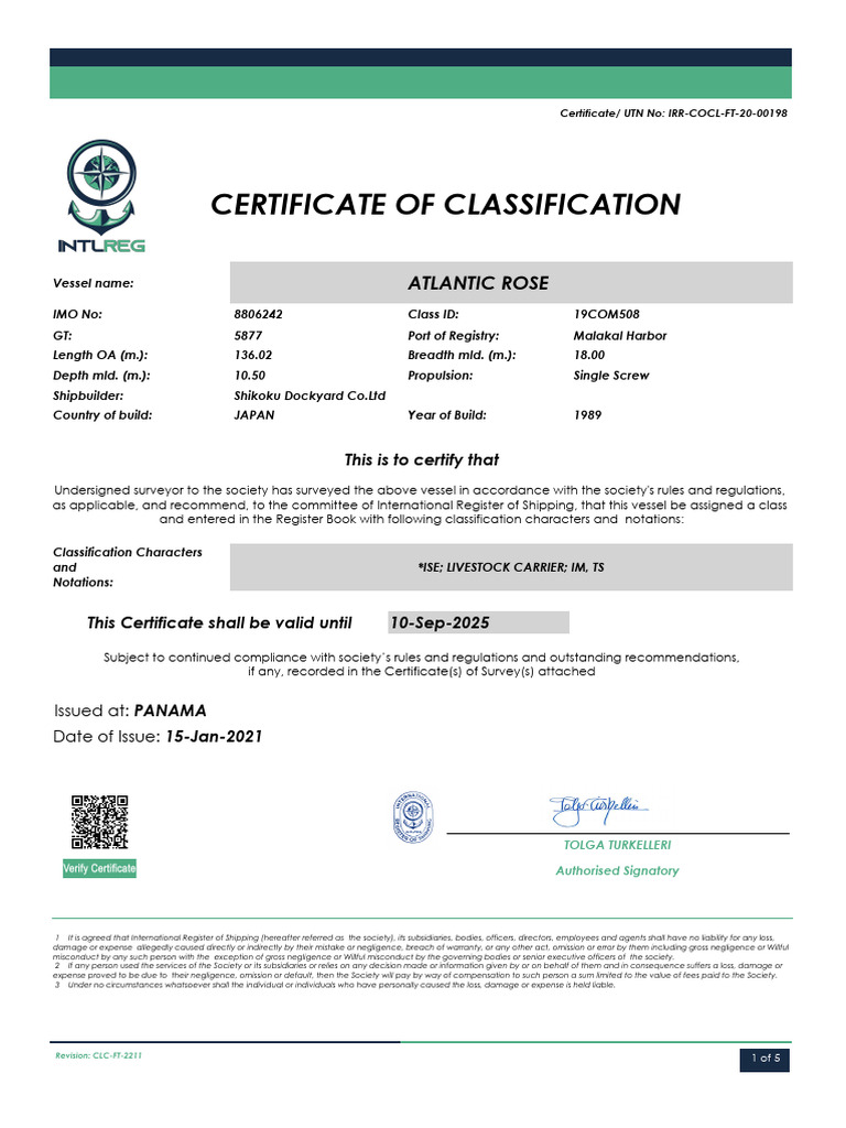 CertificateOf Classification FullTerm | PDF | Water Transport | Watercraft