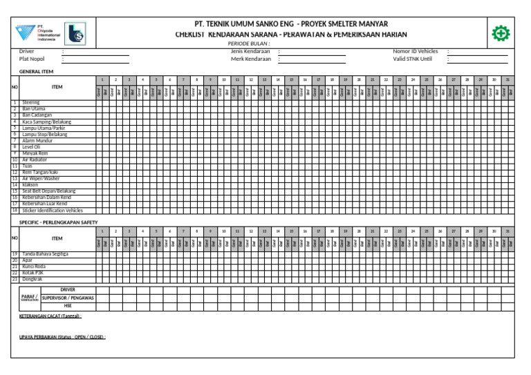 Daily Checklist Kend Sarana (P2H) | PDF