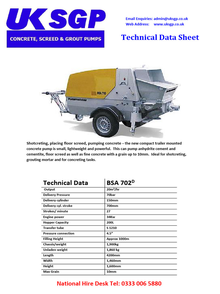 702D Concrete Pump Spec Sheet | PDF