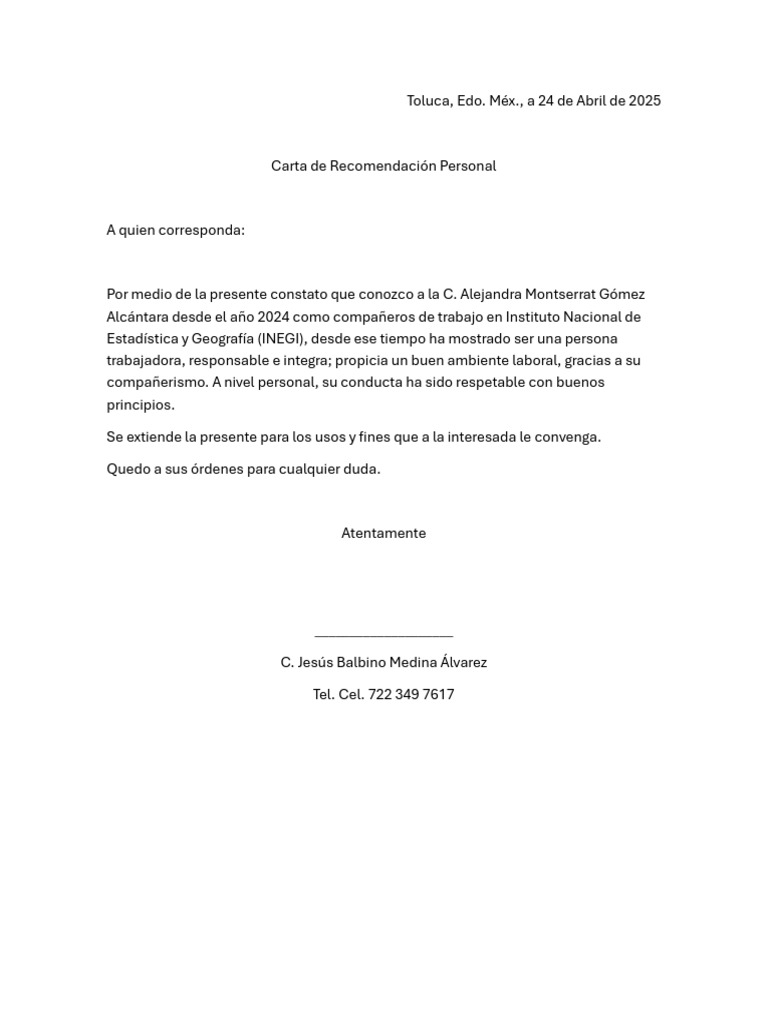 Carta Recomendacion JB | PDF