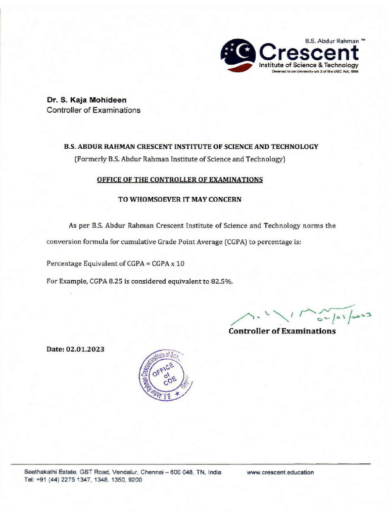 Cgpa Conversion Certificate | PDF