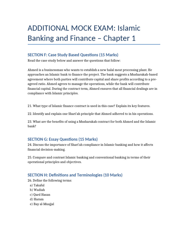 Additional Parts Mock Exam Islamic Banking Chapter 1 | PDF