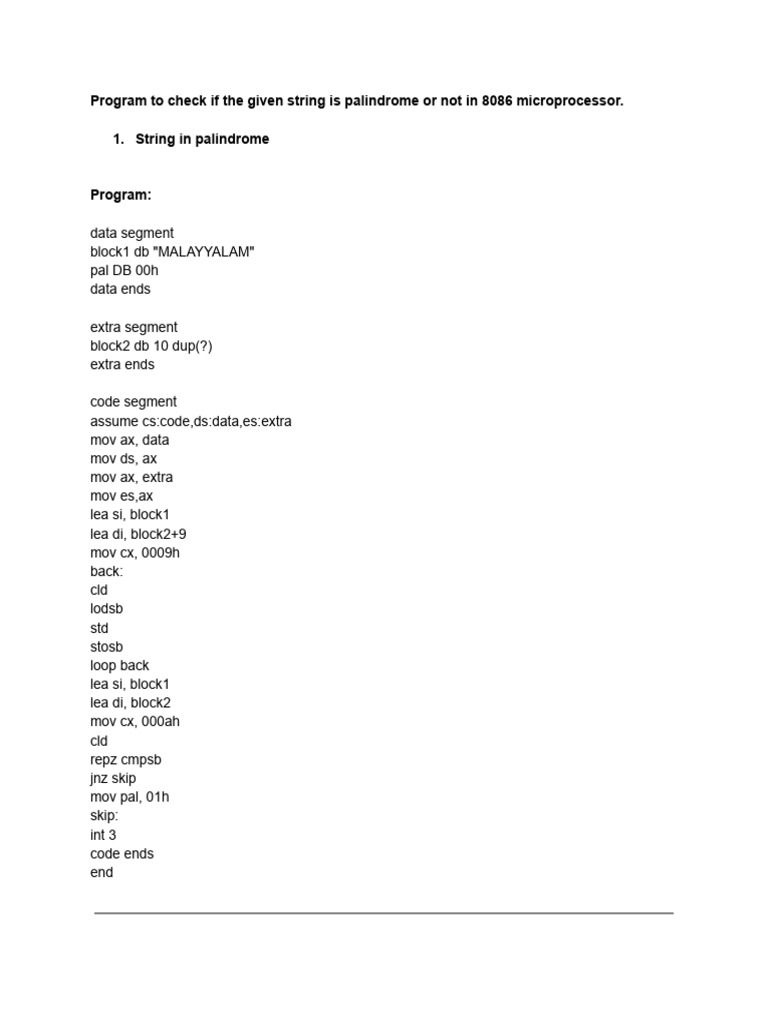Program To Check If The Given String Is Palindrome or Not in 8086 Microprocessor | PDF
