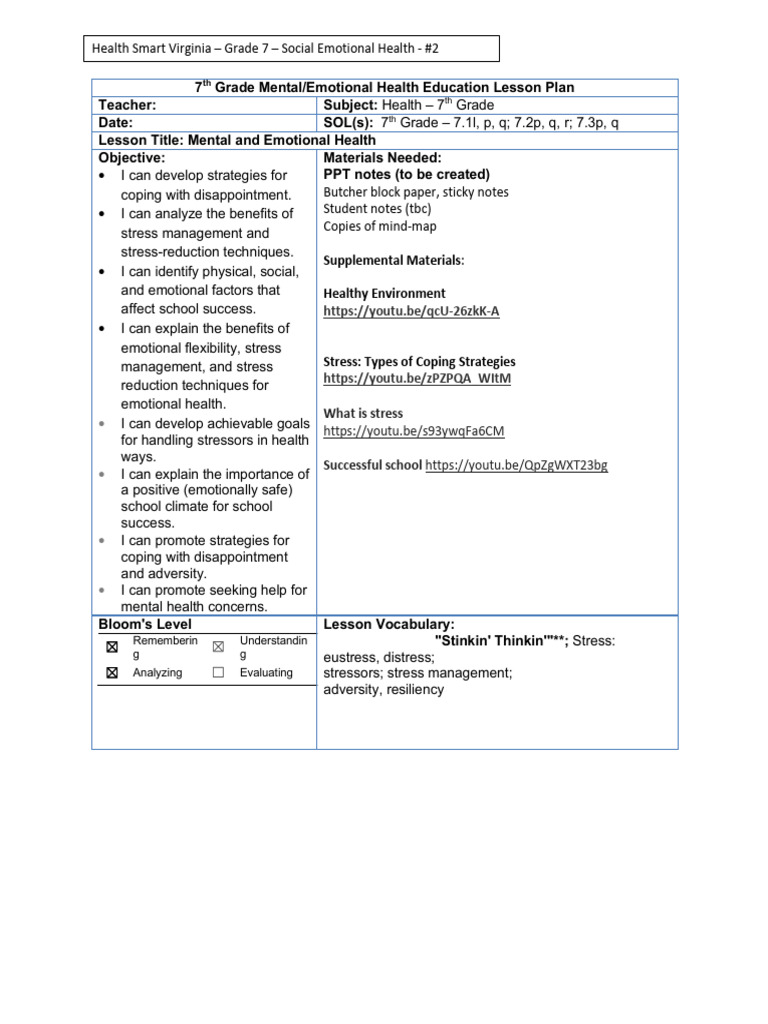 7th Grade Mental Health Lesson Plan | PDF | Stress (Biology) | Stress ...