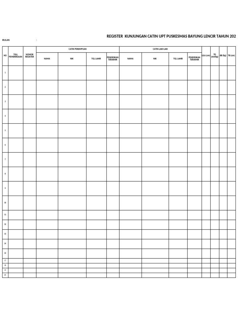 Register Kunjungan Catin 2025 Puskesmas | PDF