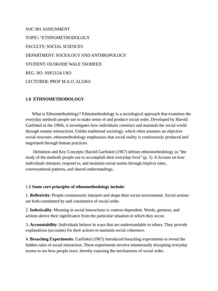 ETHNOMETHODOLOGY by OLOKODE WALE | PDF | Sociology | Postmodernism
