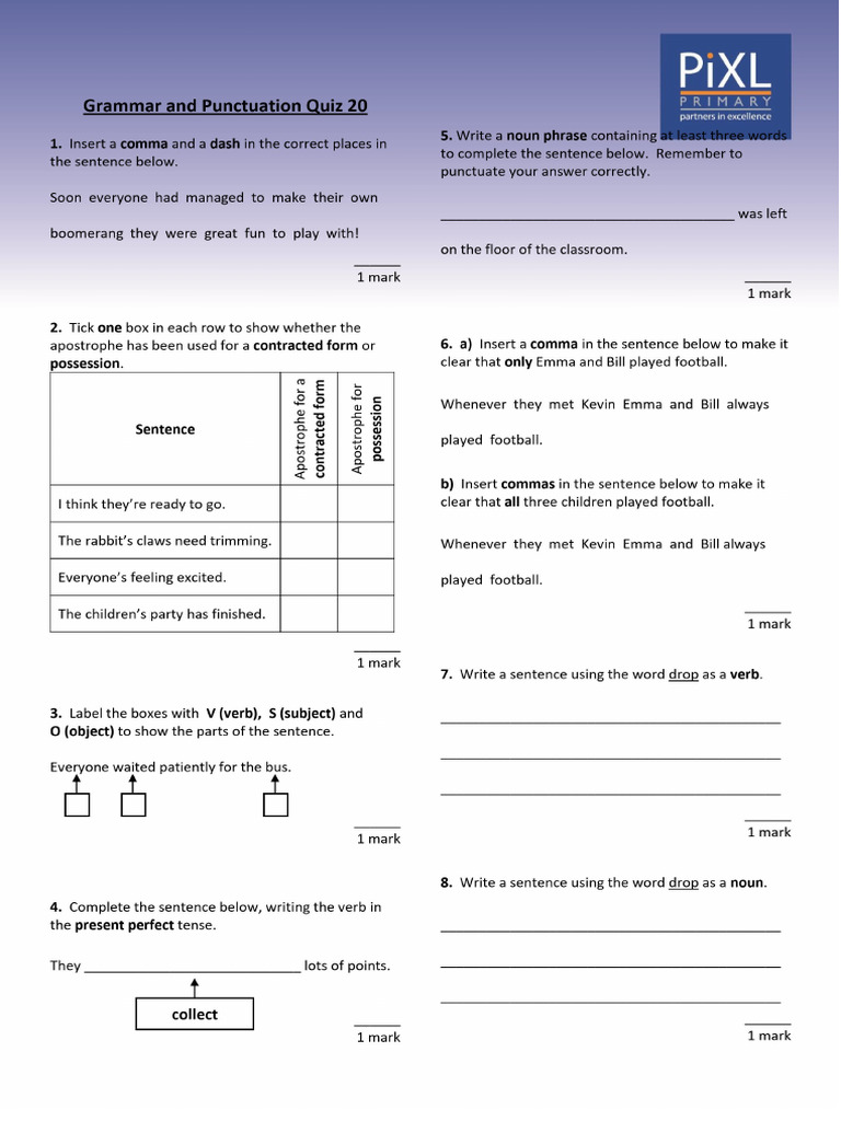 Grammar and Punctuation Quiz 20 | PDF