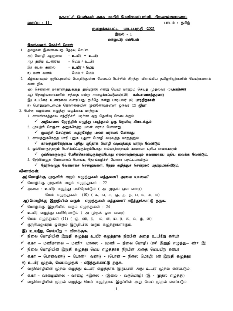 +1 Tamil Reduced Syll | PDF